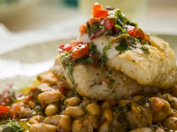 Hake with Capers and White Bean Mash Recipe | Food Network UK