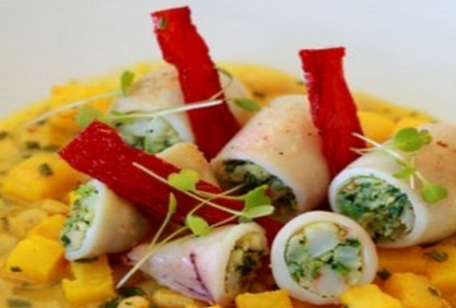 Squid and prawns with bean and bokkom ragout Recipe | Food Network UK