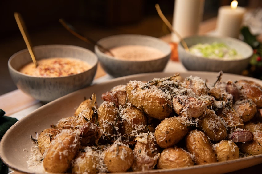 Marcus Wareing's Baby Roast Potatoes with 3 Dips Recipe | Food Network UK