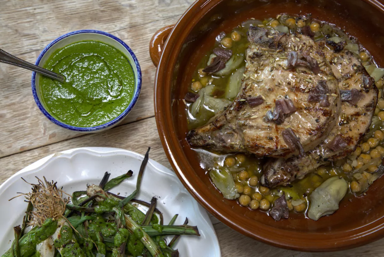 Marcus Wareing's BBQ’d Pork Chops with Spring Onions and Salsa Verde ...