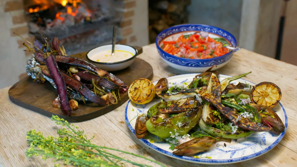 Marcus Wareing's Mediterranean Veg BBQ with Tomato Salad and Harissa ...