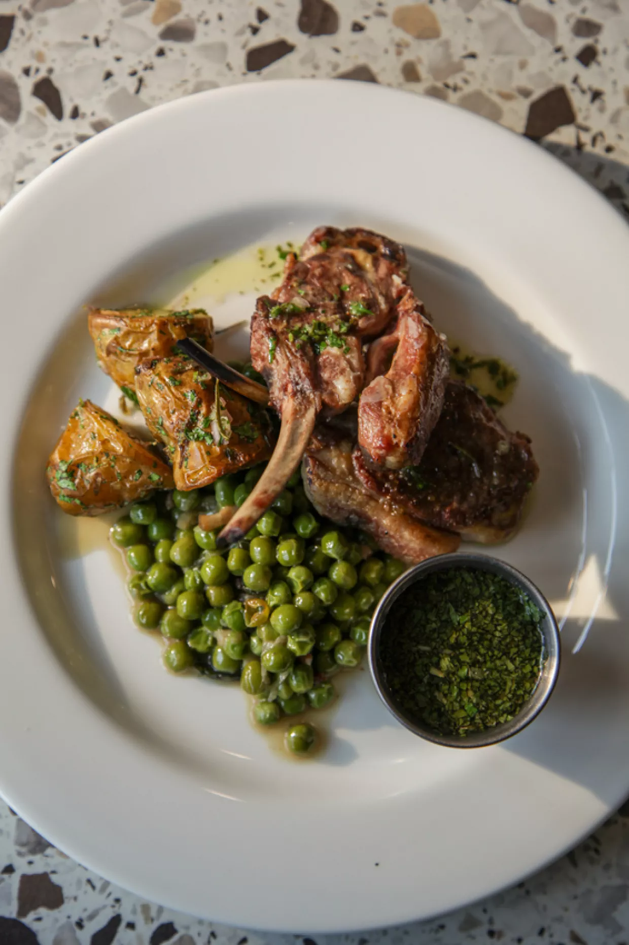 Grilled Hogget Chops with Mint Sauce, Braised Peas and New Potatoes ...