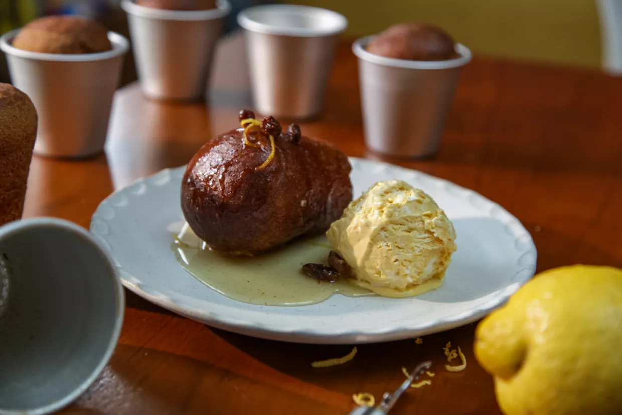 Rum Baba with Rum and Raisin Parfait Recipe | Food Network UK